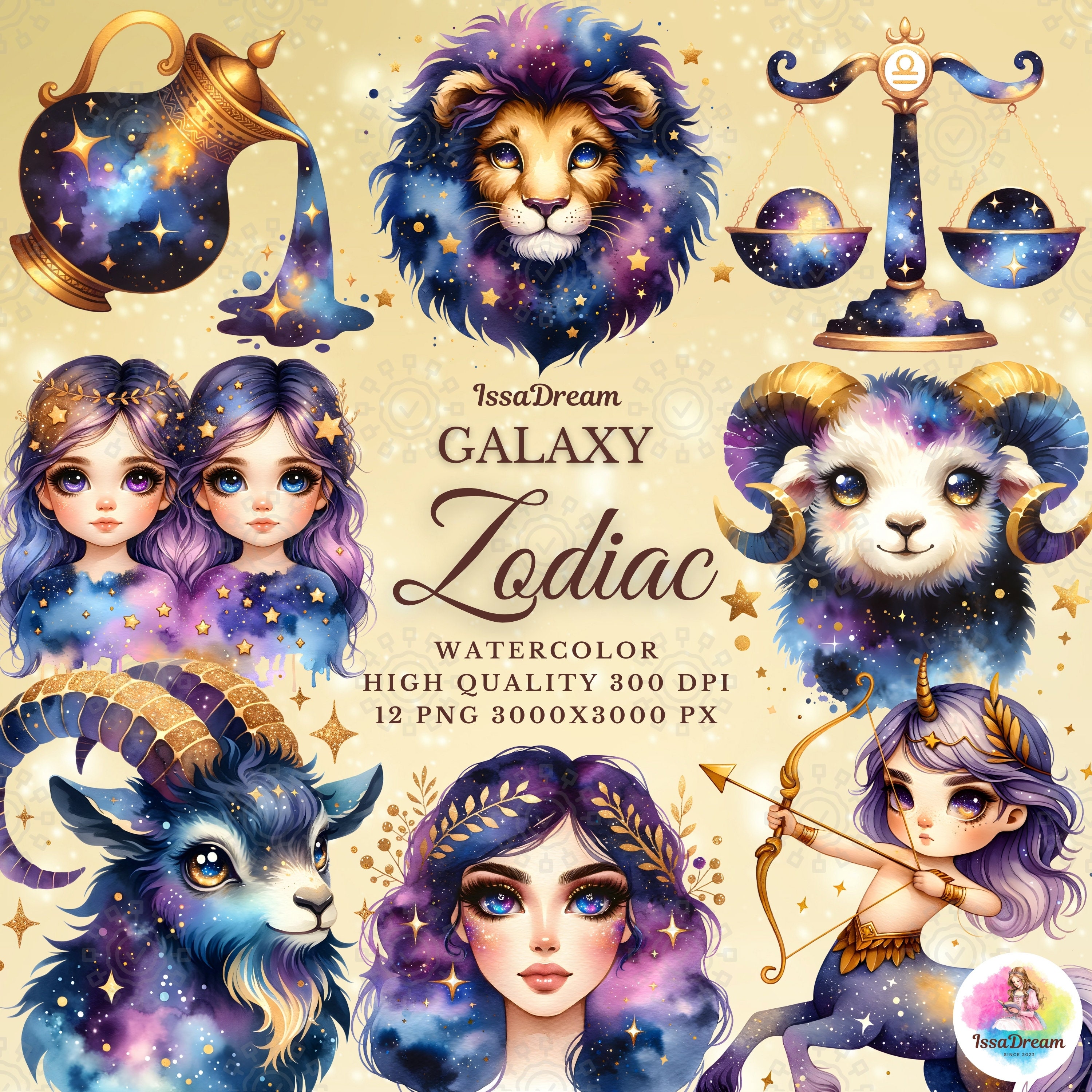 Watercolor Galaxy Zodiac Clipart, Zodiac Signs Clipart, Horoscope Signs ...