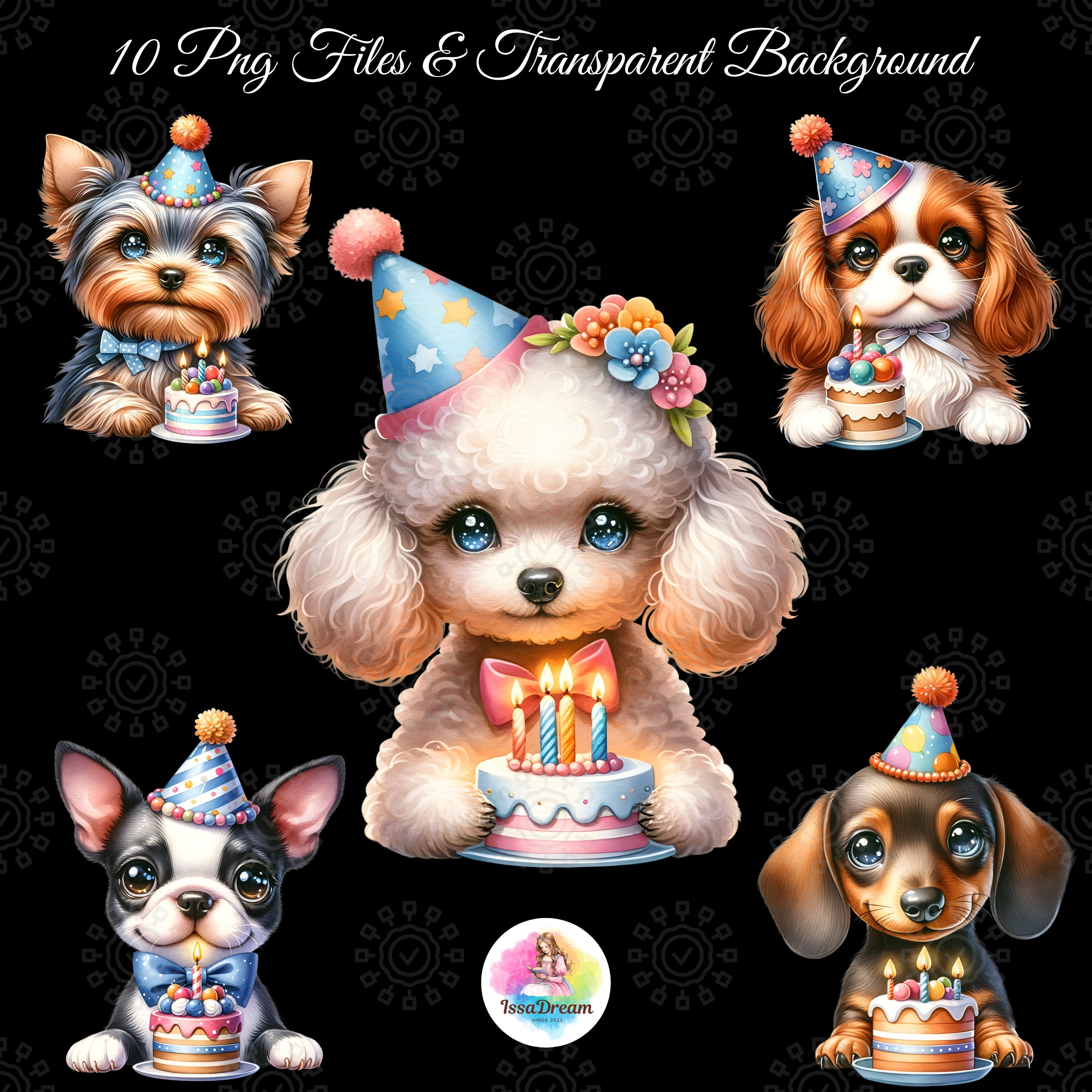 Watercolor Birthday Dog PNG Bundle, Dog With Birthday Cake, Cute ...