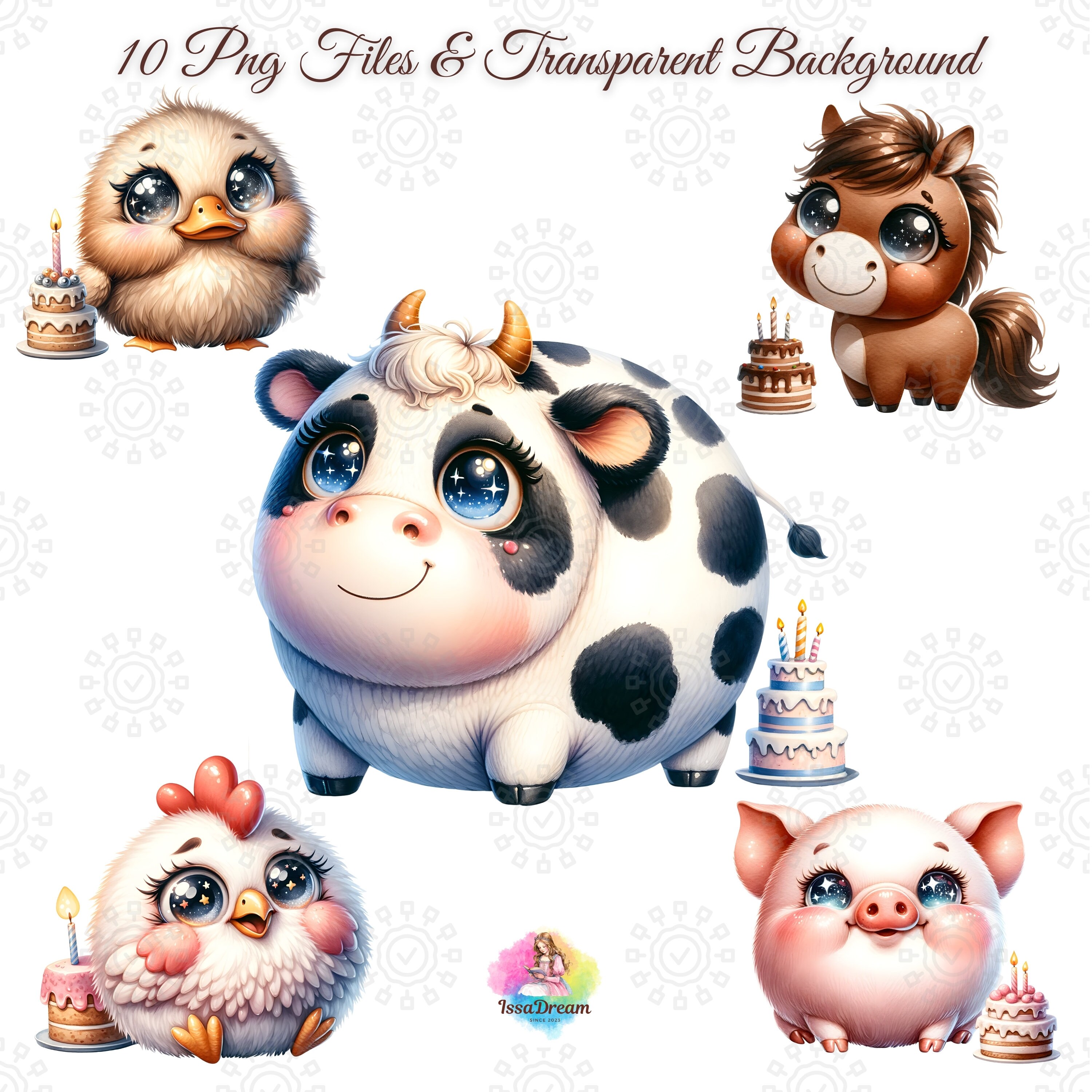 Watercolor Birthday Farm PNG Bundle, Animals Farm With Birthday Cake ...