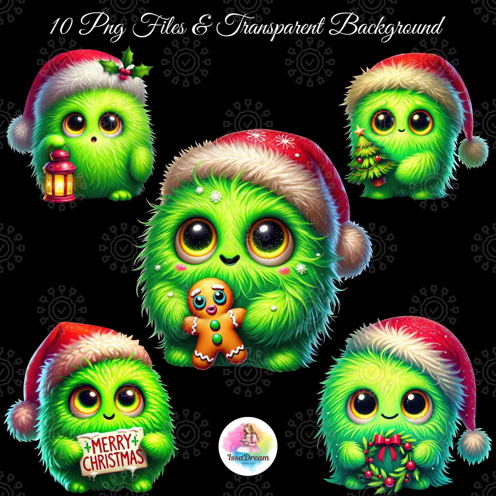 Watercolor Christmas Monsters Clipart: Green Fluffy PNG, Digital ...