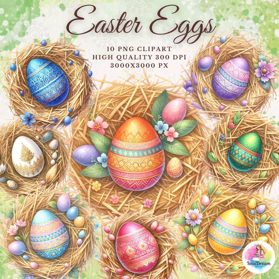 Watercolor Easter Eggs Clipart, Cute Easter Egg in Nest Clipart, Spring ...