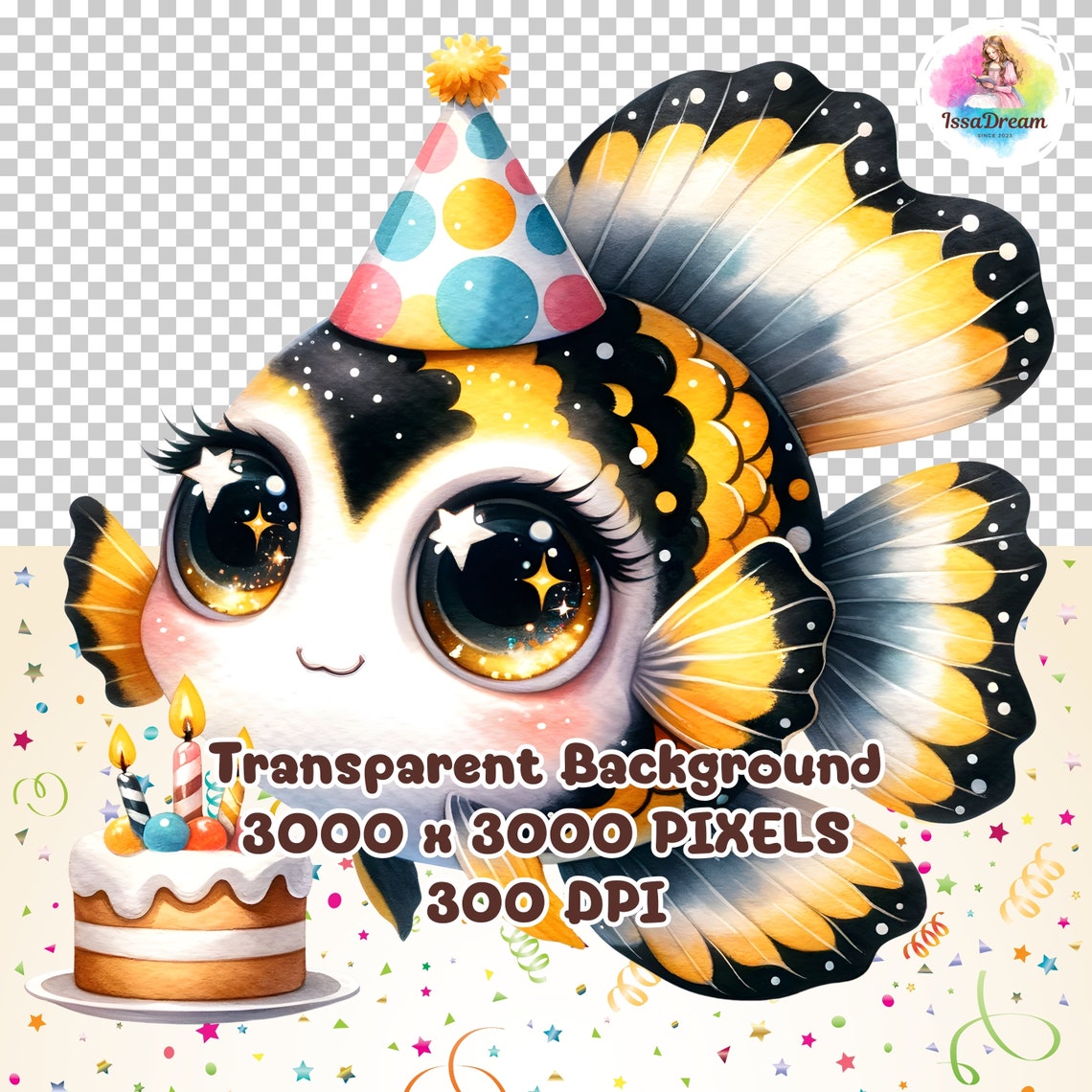 Watercolor Birthday Fish PNG Bundle, Fish With Birthday Cake, Cute ...