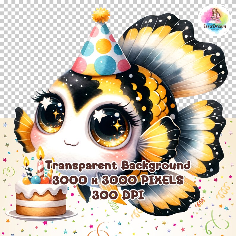 Watercolor Birthday Fish PNG Bundle, Fish With Birthday Cake, Cute ...