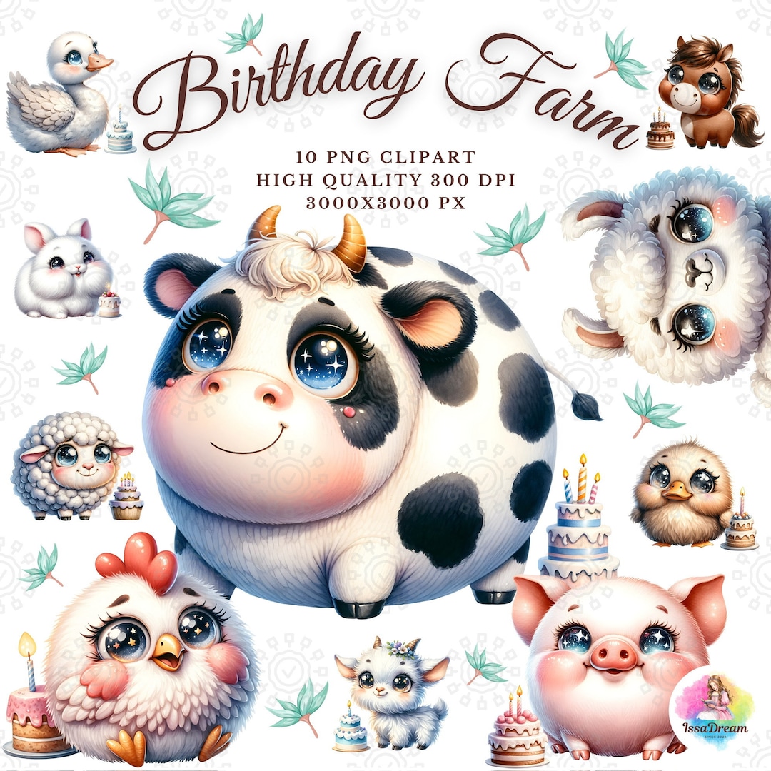 Watercolor Birthday Farm PNG Bundle, Animals Farm With Birthday Cake ...