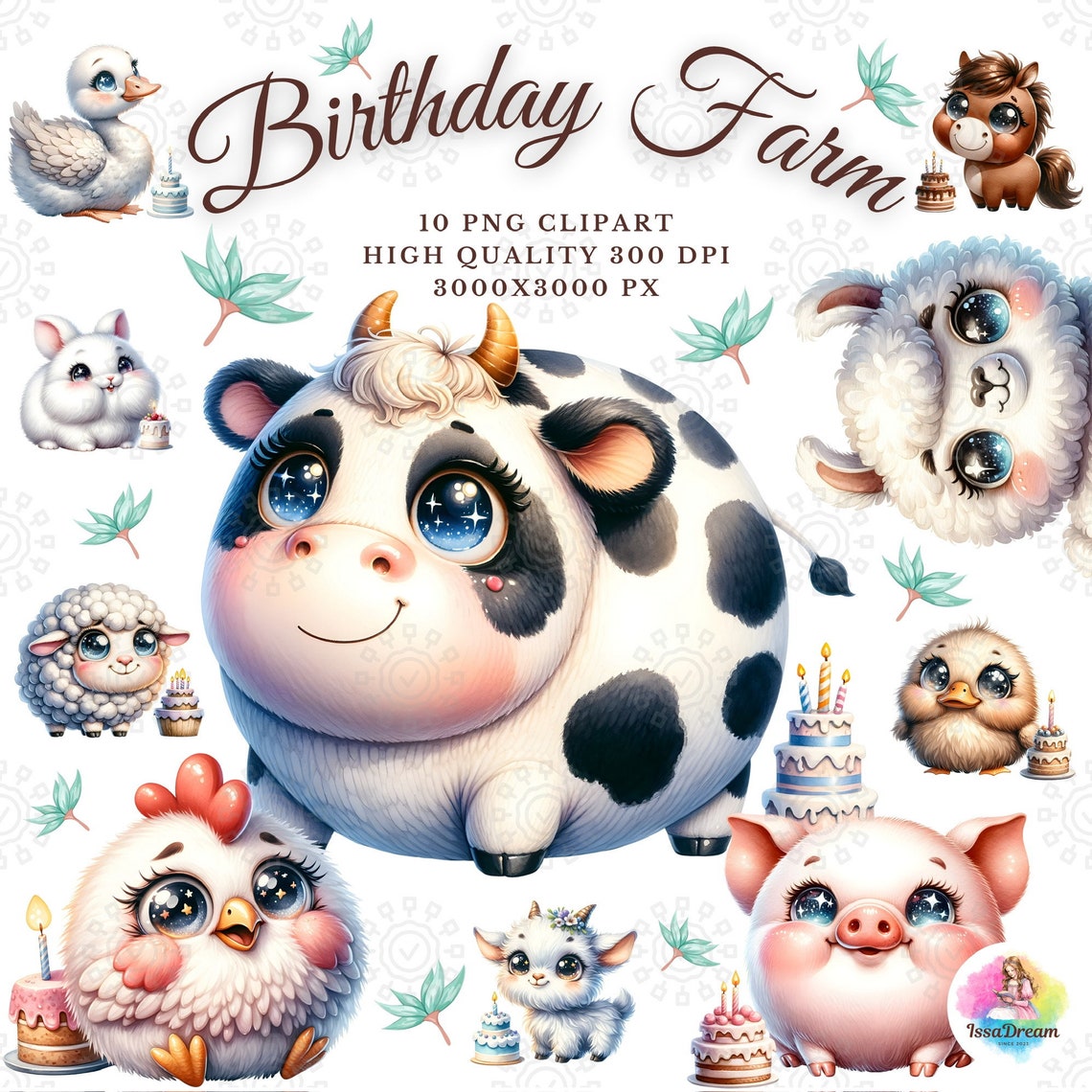 Watercolor Birthday Farm PNG Bundle, Animals Farm With Birthday Cake ...