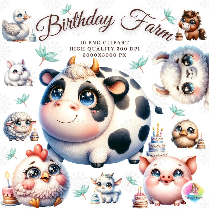 Watercolor Birthday Farm PNG Bundle, Animals Farm With Birthday Cake ...
