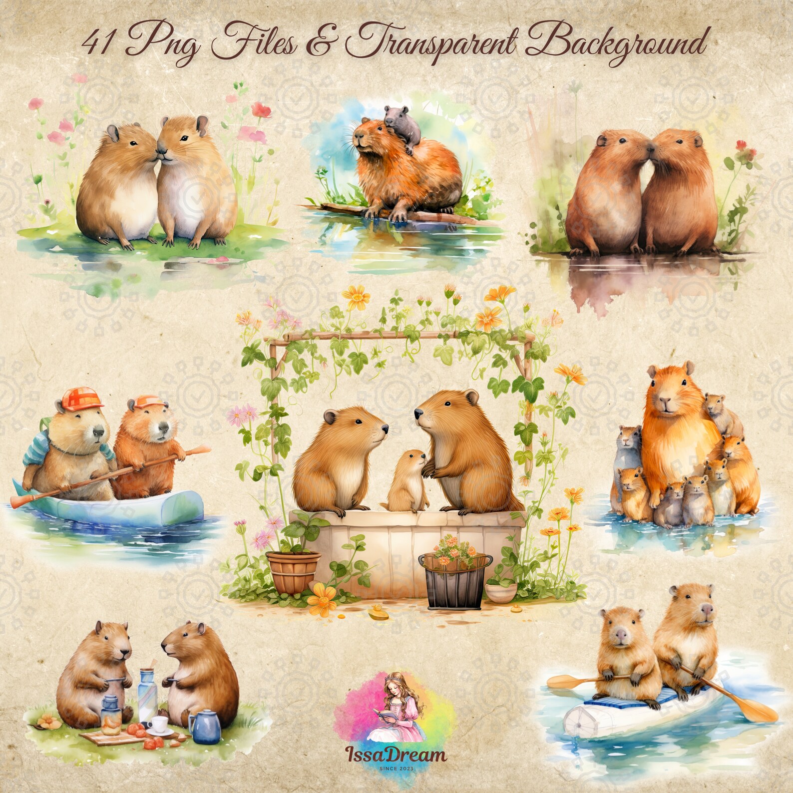Cute Watercolor Capybara Clipart, Animal Clipart, Cute Capybara PNG ...