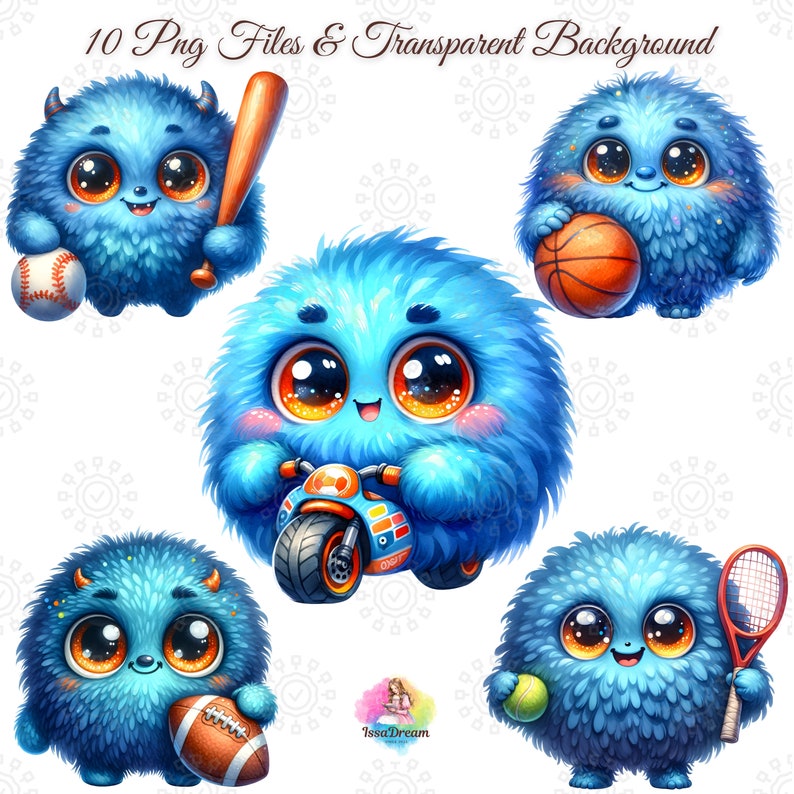 Watercolor Sports Monster Clipart, Cute Sports Clipart, Sports ...