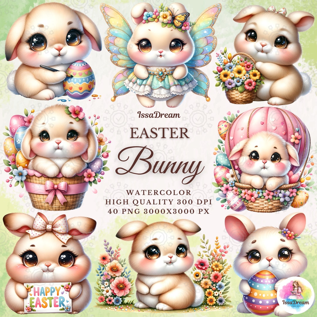 Watercolor Easter Bunny Clipart, Cute Easter Rabbit Clipart, Kids ...