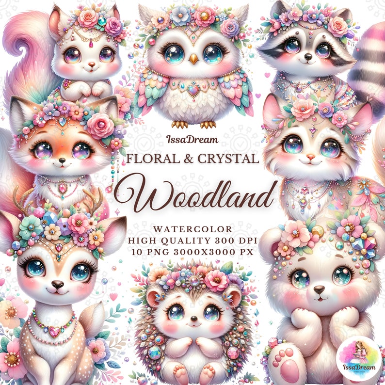 Watercolor Floral Woodland Animal Clipart, Cute Pastel Animal Clipart ...