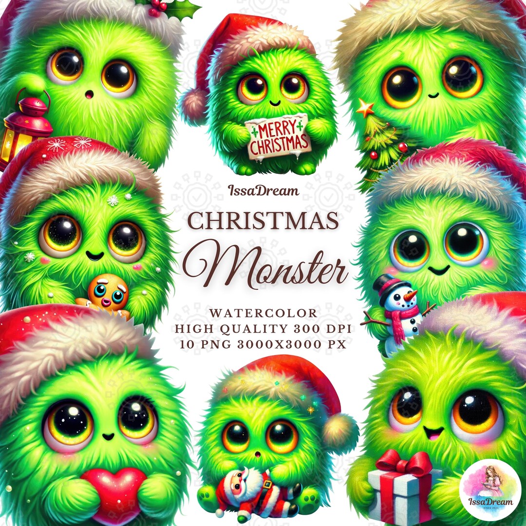 Watercolor Christmas Monsters Clipart: Green Fluffy PNG, Digital ...
