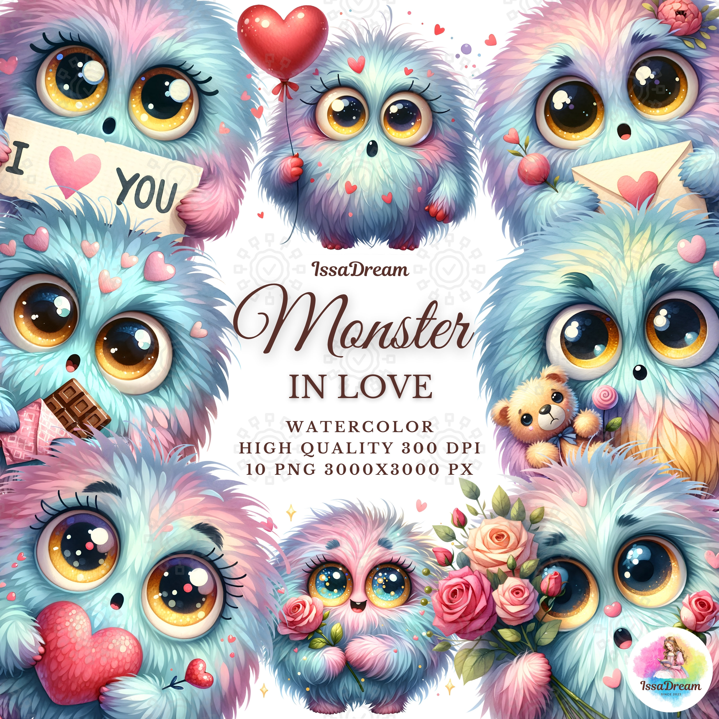 Watercolor Monsters in Love Clipart, Cute Valentine's Day Monsters ...