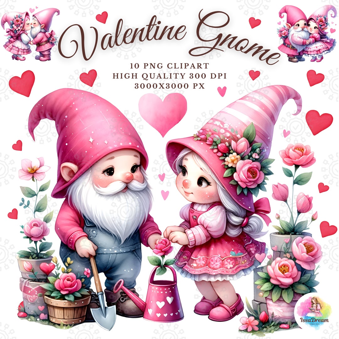 Watercolor Valentine Gnome Clipart, Cute Pink Gnome Lover Sublimation ...