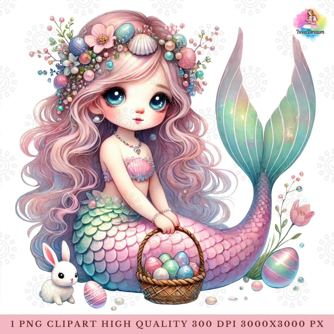 Watercolor Easter Mermaid Clipart, Easter Eggs PNG, Fairytale Fantasy ...