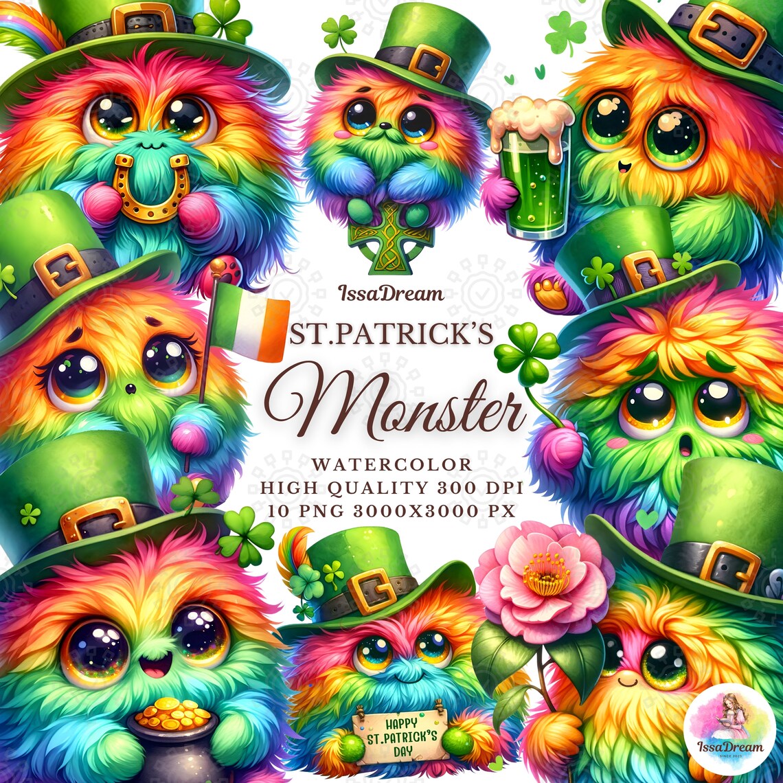 Watercolor St.patrick Monsters Clipart, Cute St.patrick's Day Monsters ...