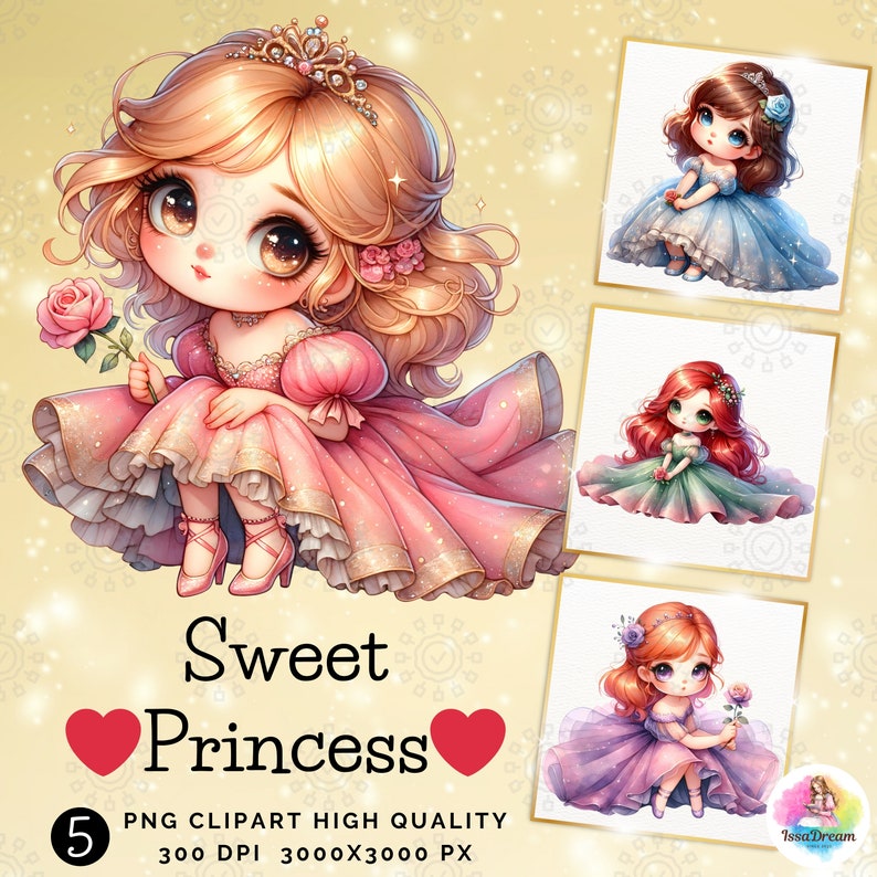 Watercolor Princess in Sparkling Dress Clipart, Cute Little Princess ...