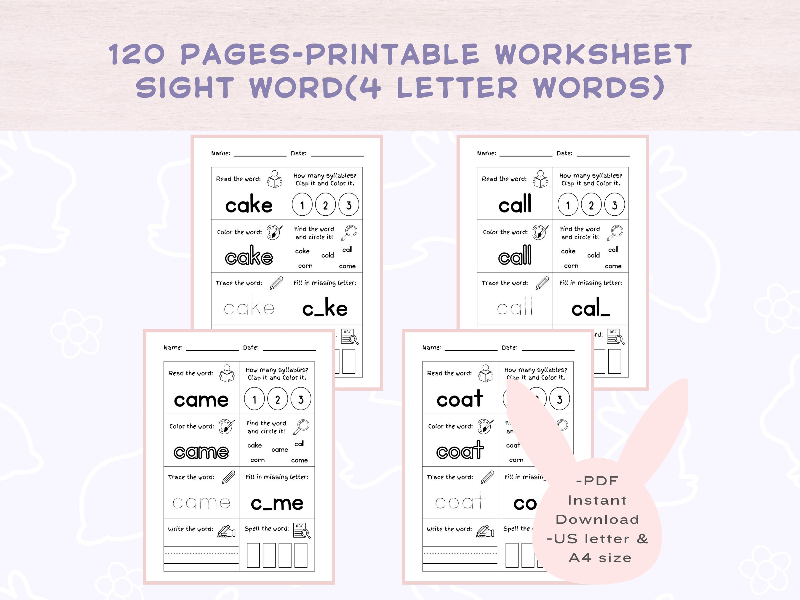 Sight Word Four Letter Words Worksheet Printable|dolch Primer Sight ...