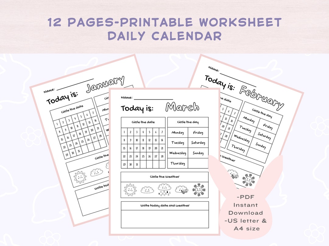 Printable Daily Calendar Worksheet: Preschool Homeschool Activity (PDF ...