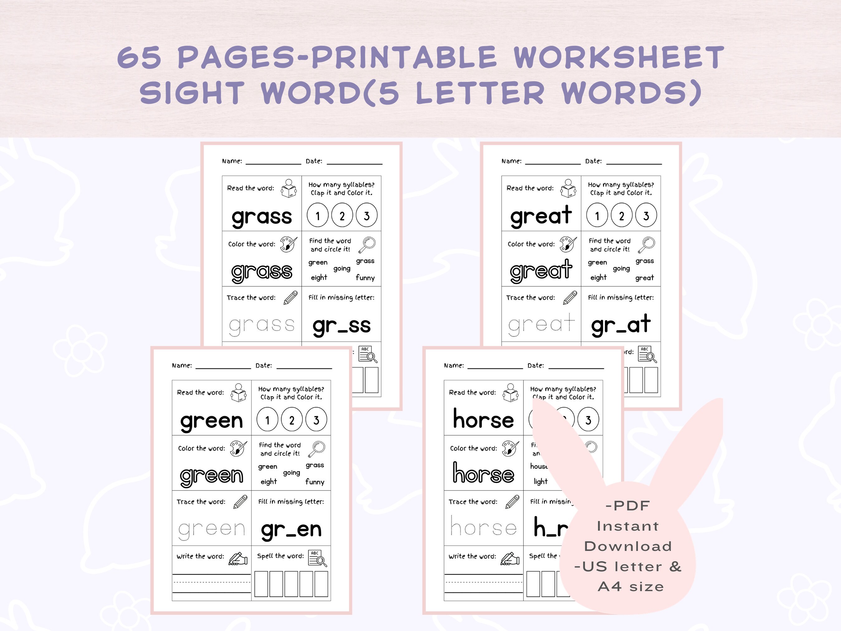Sight Word Five Letter Words Worksheet Printable|dolch Primer Sight ...