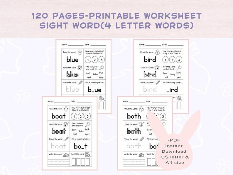 Sight Word Four Letter Words Worksheet Printable|dolch Primer Sight ...