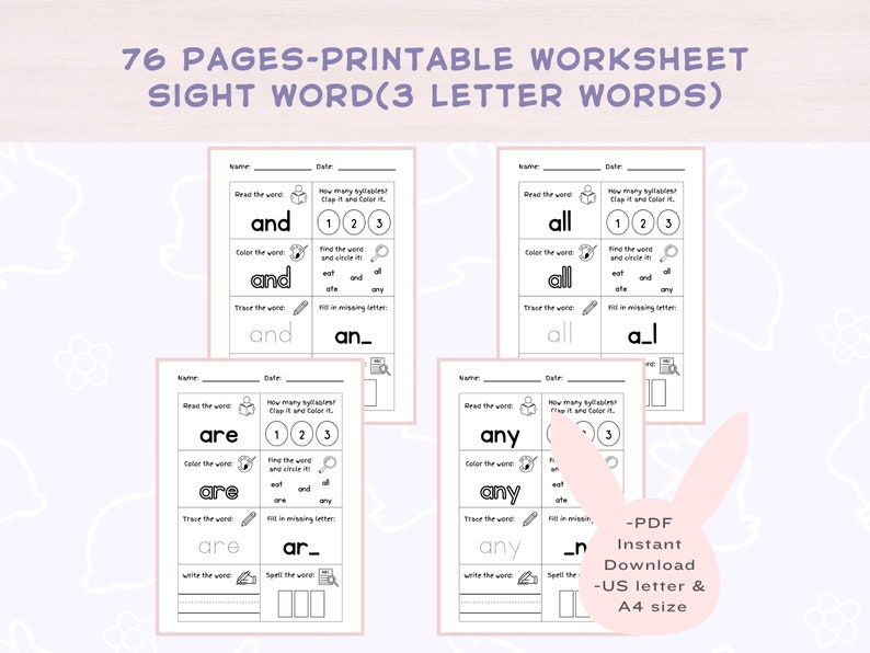 Sight Word Three Letter Words Worksheet Printable|dolch Primer Sight ...
