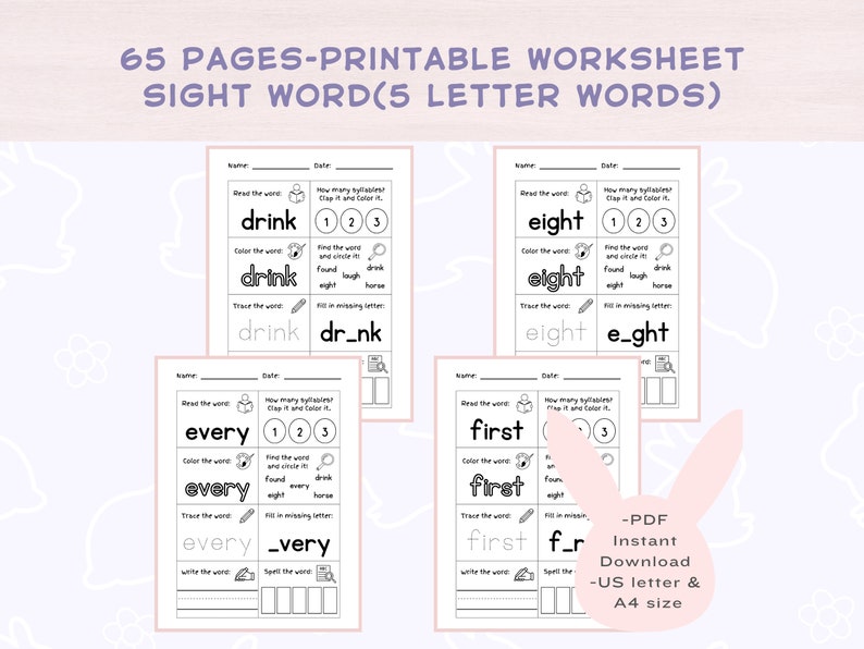 Sight Word Five Letter Words Worksheet Printable|dolch Primer Sight ...