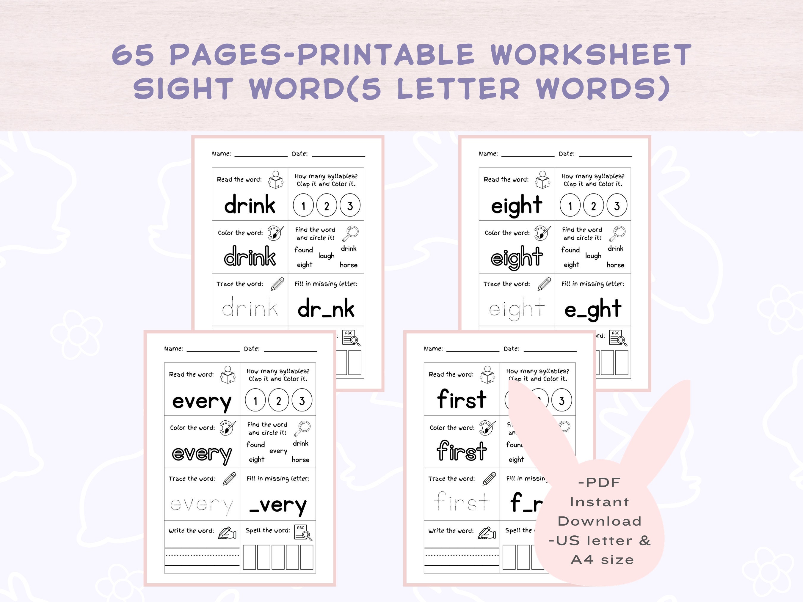 Sight Word Five Letter Words Worksheet Printable|dolch Primer Sight ...