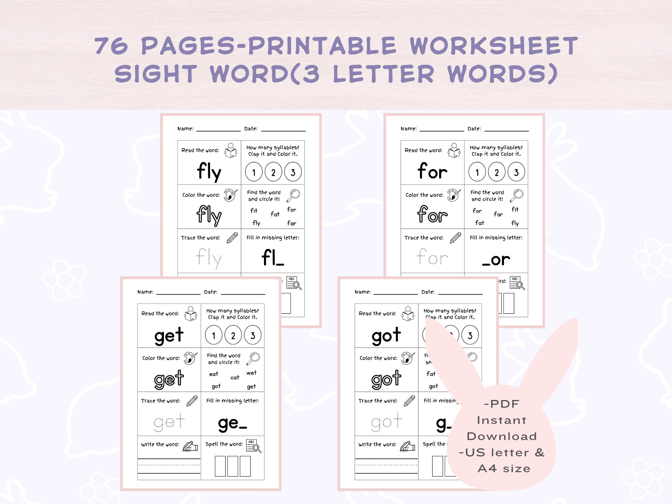 Sight Word Three Letter Words Worksheet Printable|dolch Primer Sight ...