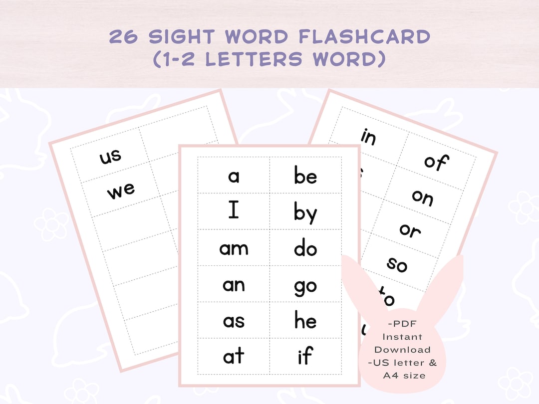 Sight Word Flash Cards: One & Two Letter Words (PDF Digital Download ...