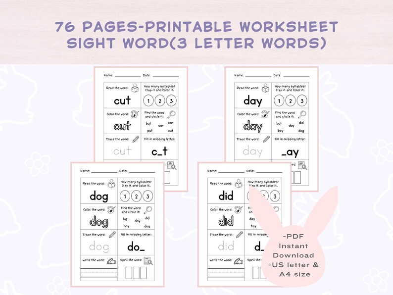 Sight Word Three Letter Words Worksheet Printable|dolch Primer Sight ...