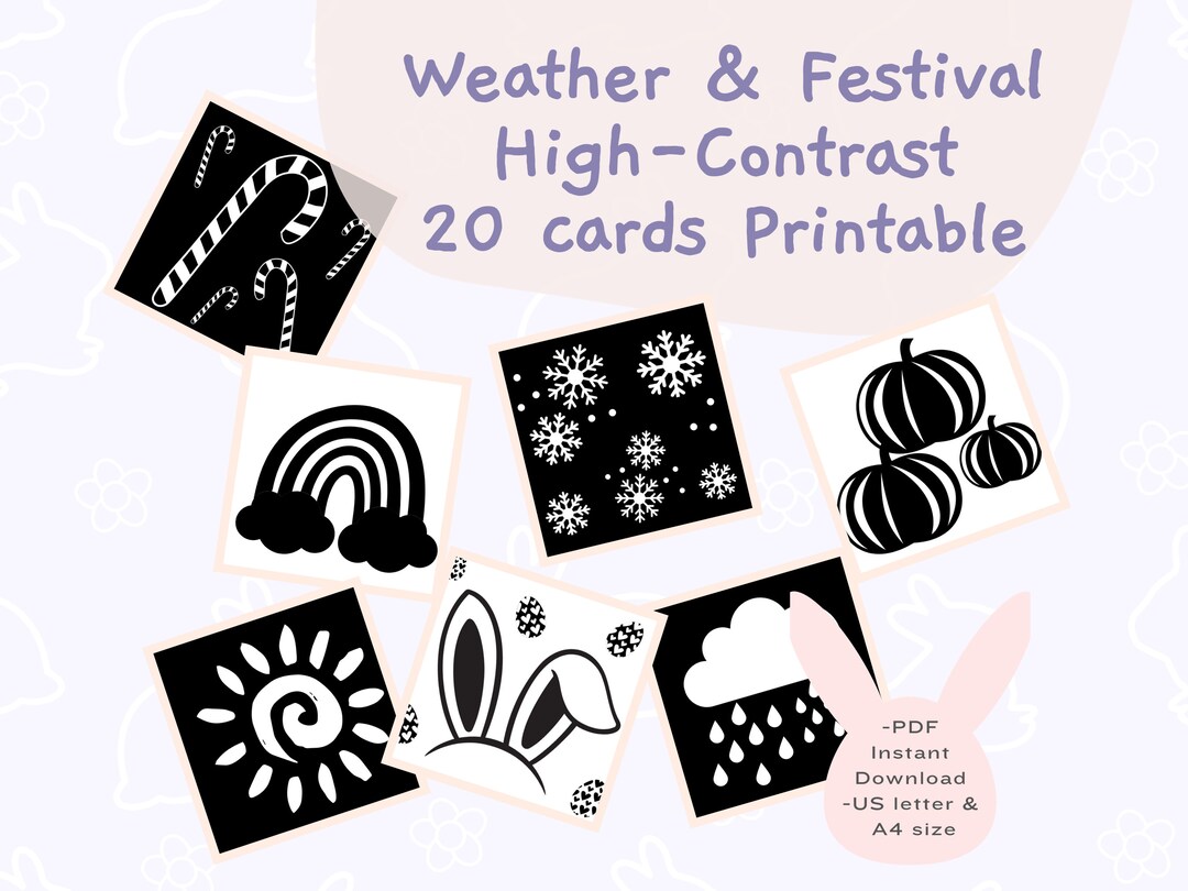 PRINTABLE 20 Black and White High Contrast Cards| Weather and Festival ...