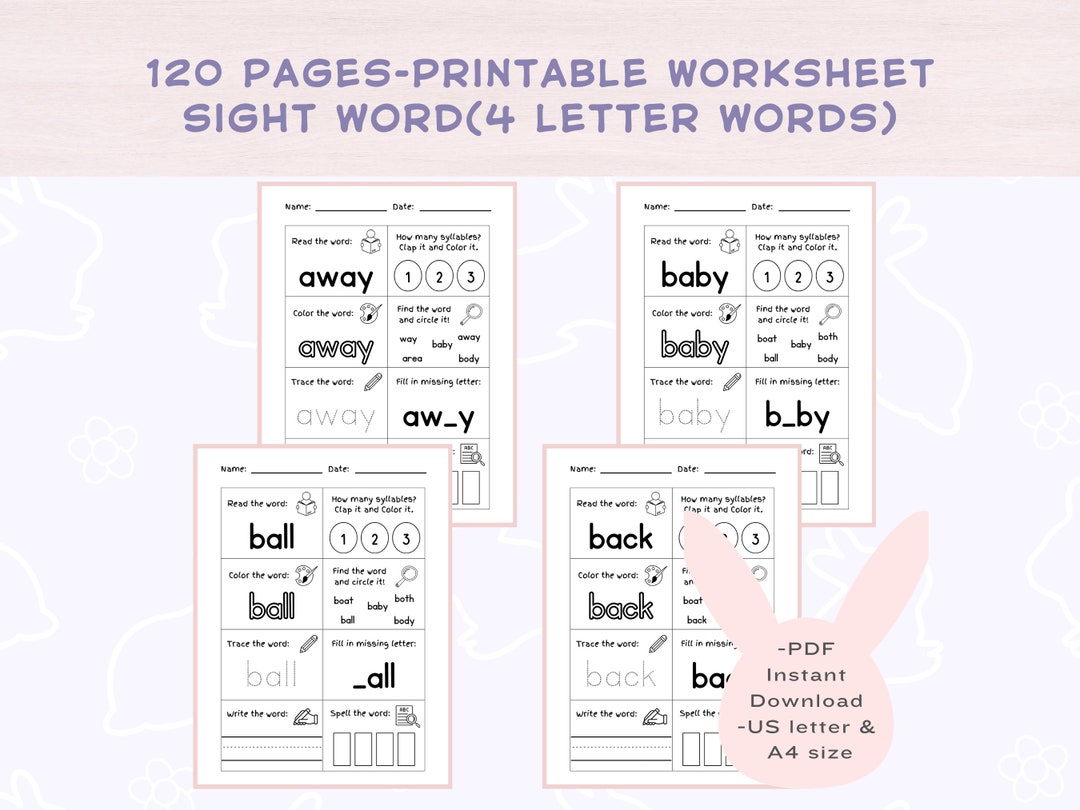 Sight Word Four Letter Words Worksheet Printable|dolch Primer Sight ...