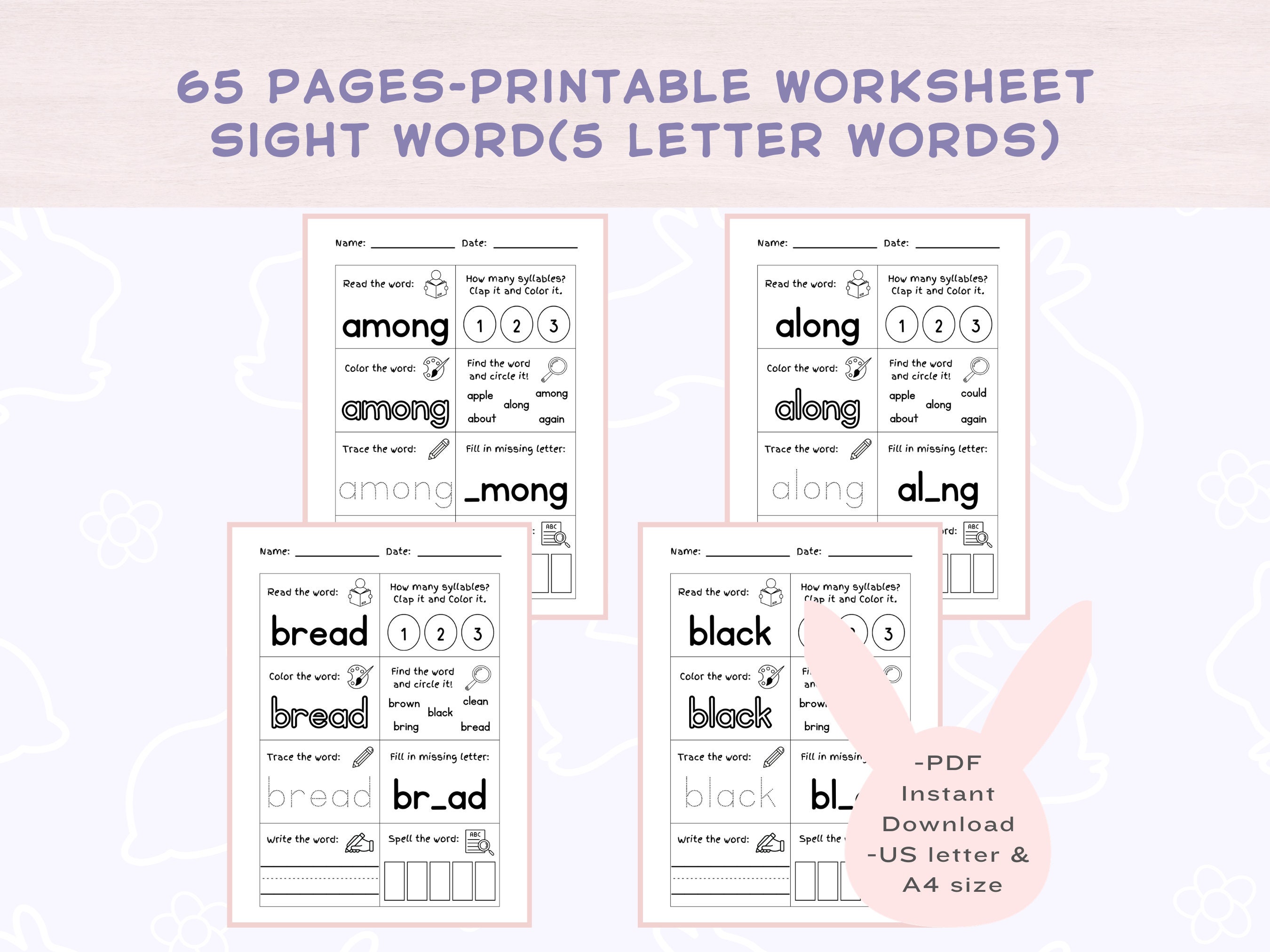 Sight Word Five Letter Words Worksheet Printable|dolch Primer Sight ...