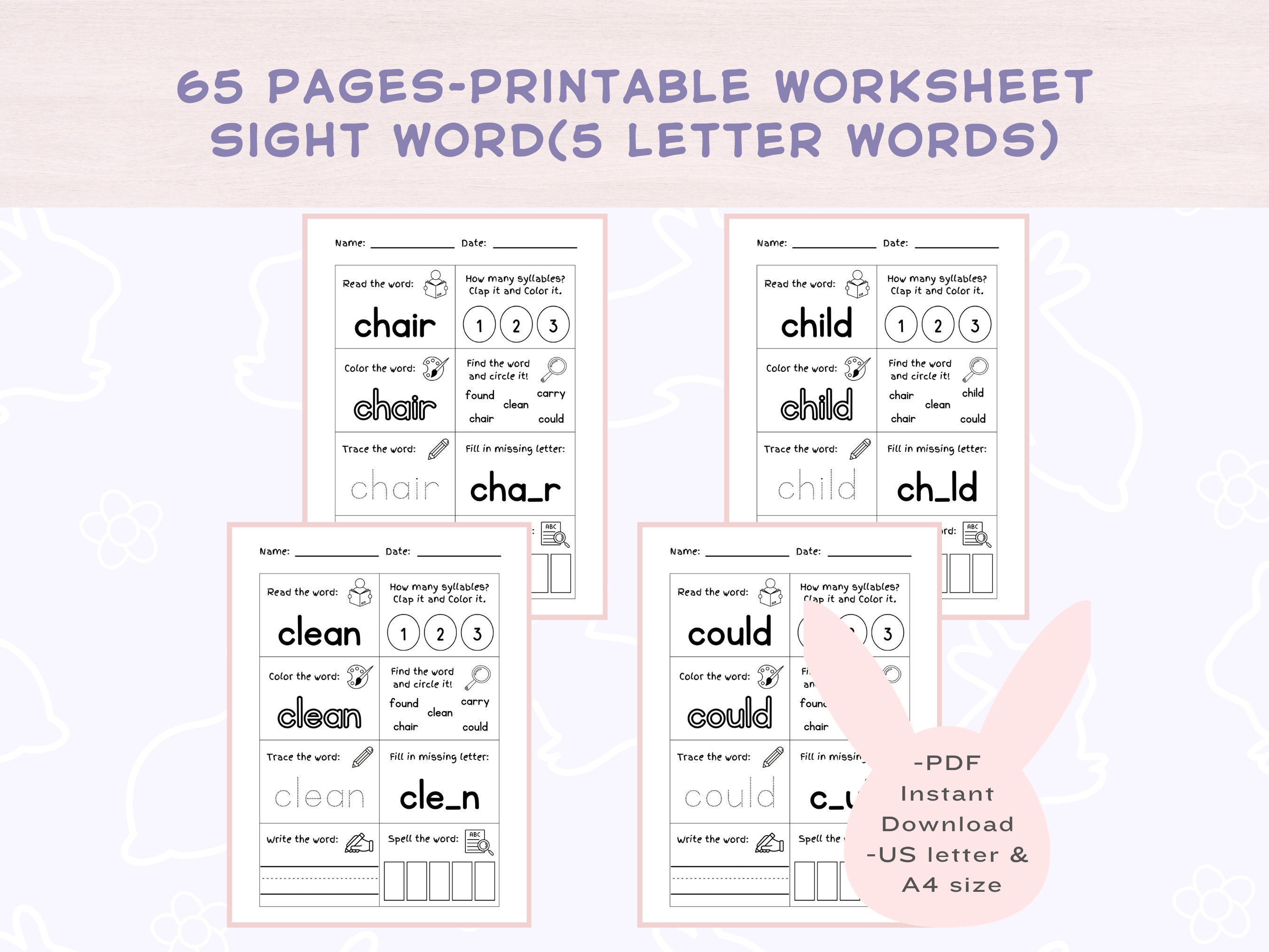 Sight Word Five Letter Words Worksheet Printable|dolch Primer Sight ...