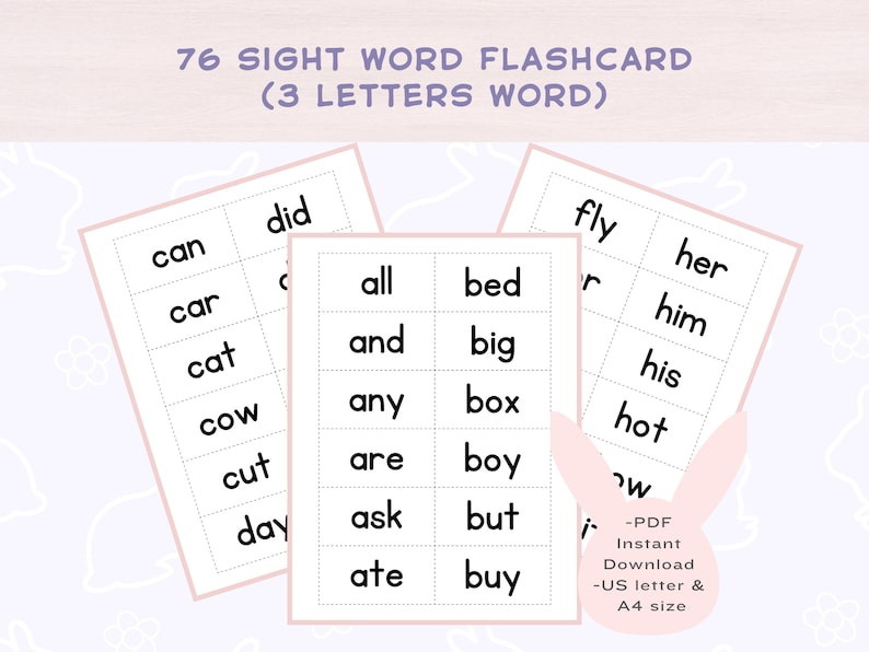 Sight Word Three Letter Words Flash Cards Printable |dolch Primer Sight ...