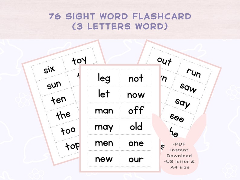 Sight Word Three Letter Words Flash Cards Printable |dolch Primer Sight ...