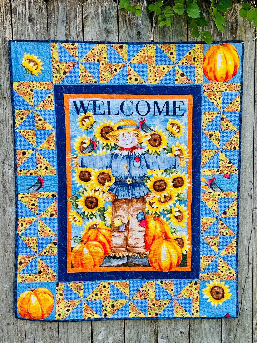 WELCOME FALL Quilt Throw 0r Lap Quilt Wall Hanging Scarecrow Pumpkins ...