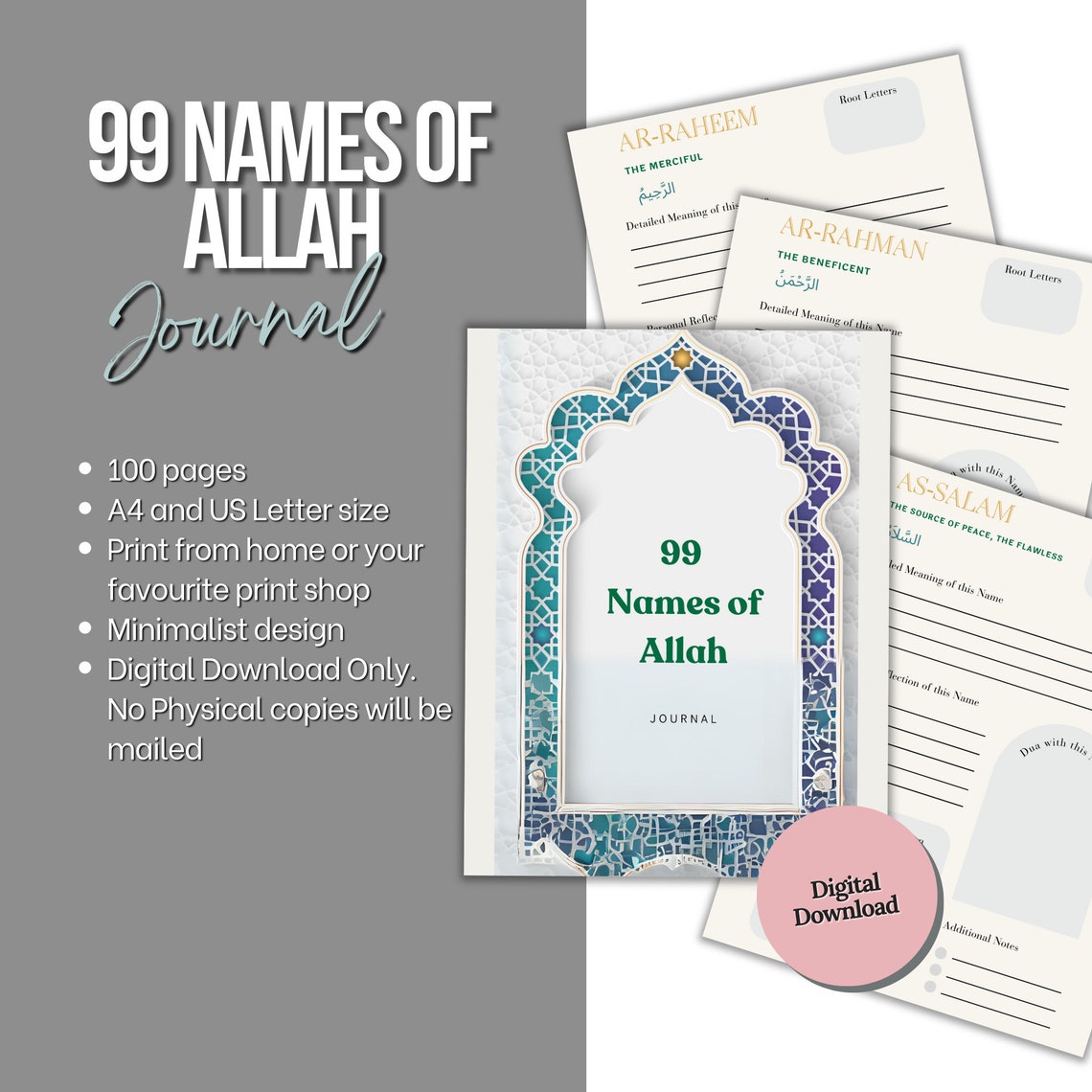 99 Names of Allah Printable Journal, Asmaul Husna Digital Journal ...