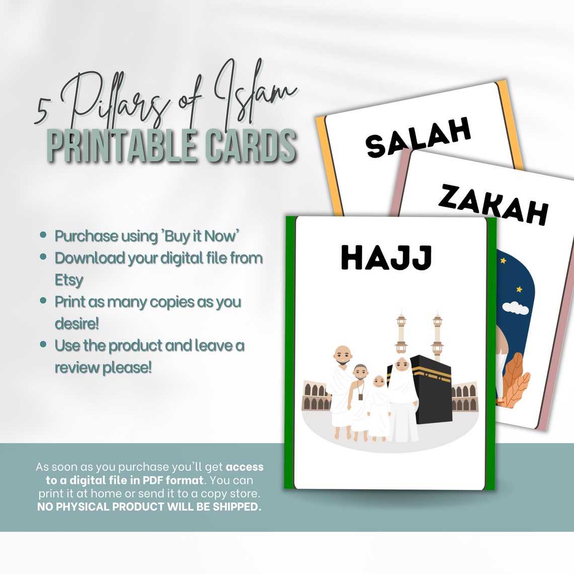 5 Pillars of Islam Flashcards, Five Pillars Islamic Cards, Muslim Kids ...
