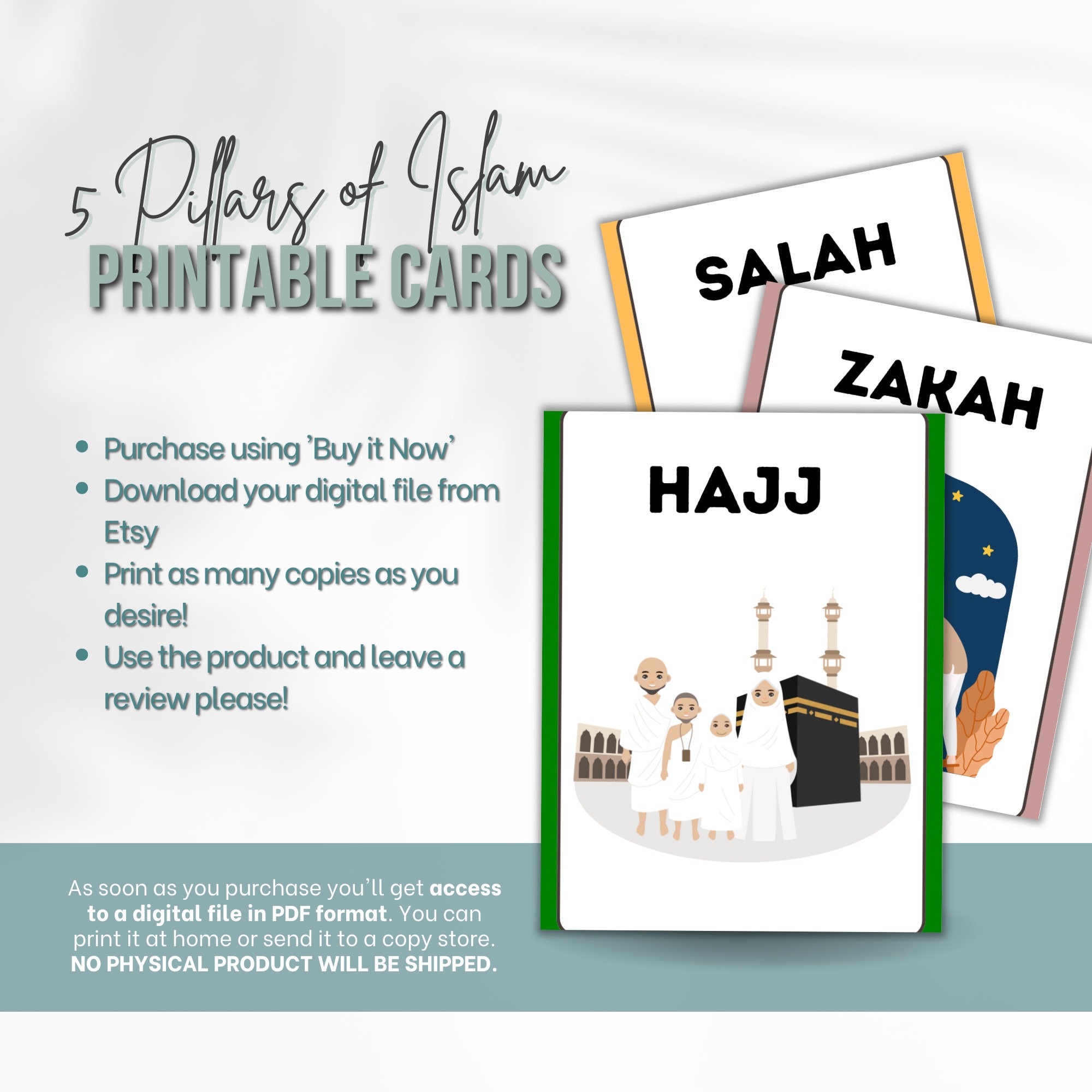 5 Pillars of Islam Flashcards, Five Pillars Islamic Cards, Muslim Kids ...