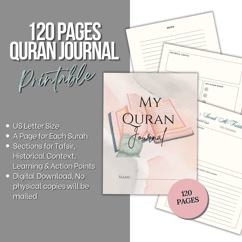 120 Page Quran Journal, Printable Journal,tafsir Planner, Digital Quran ...