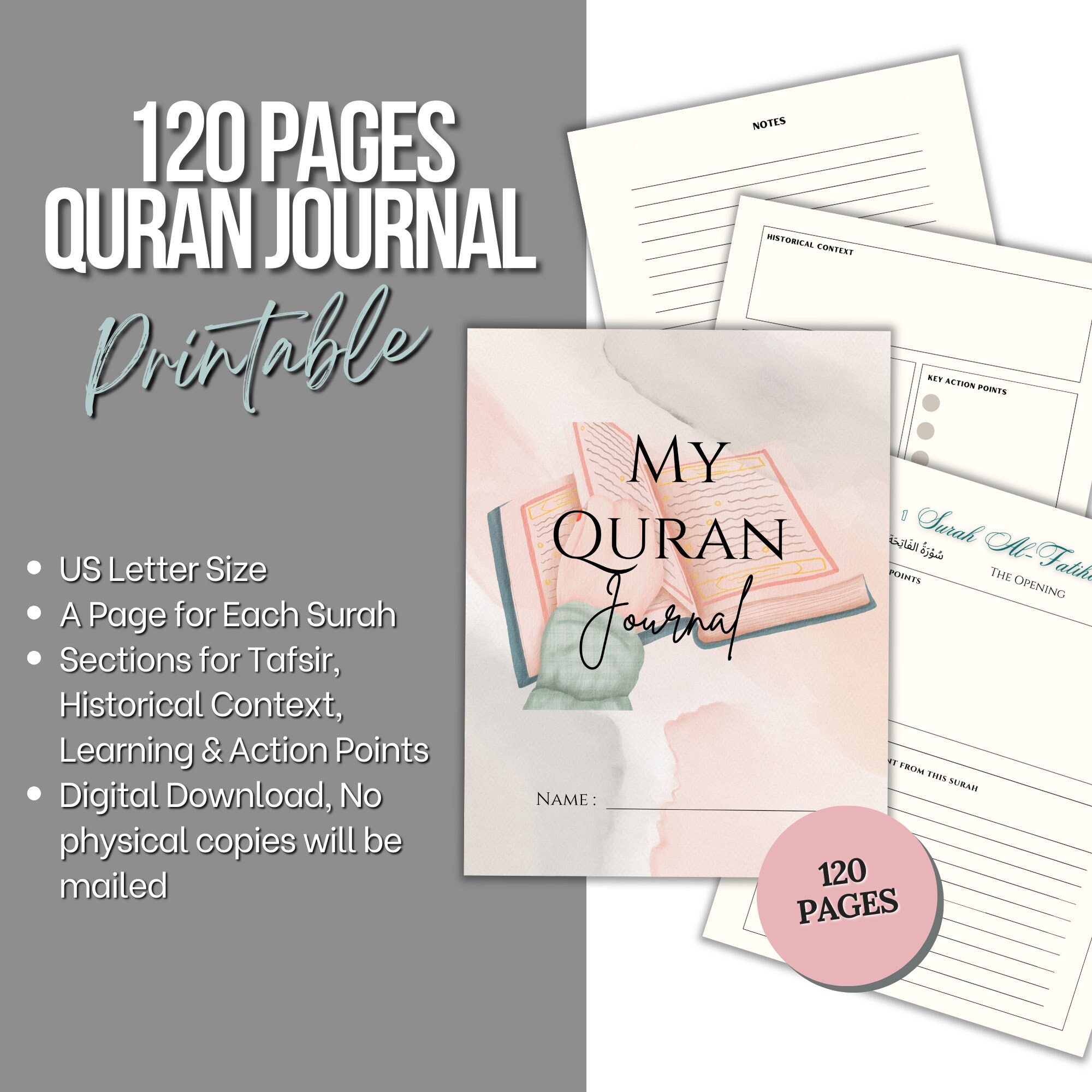 120 Page Quran Journal, Printable Journal,tafsir Planner, Digital Quran ...