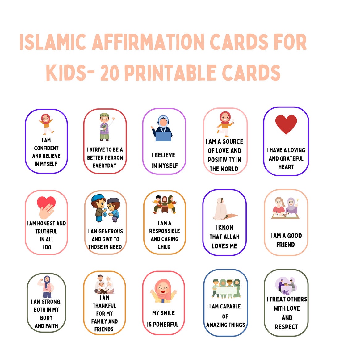 Islamic Affirmation Cards for Kids-20, Printable Affirmation Cards ...