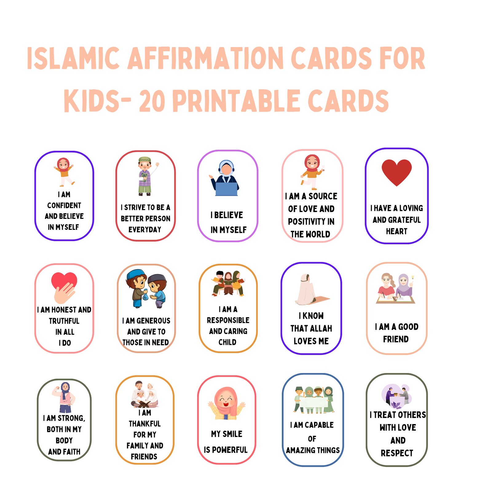 Islamic Affirmation Cards for Kids-20, Printable Affirmation Cards ...
