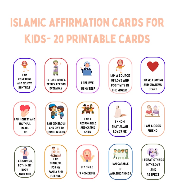 Islamic Affirmation Cards for Kids-20, Printable Affirmation Cards ...
