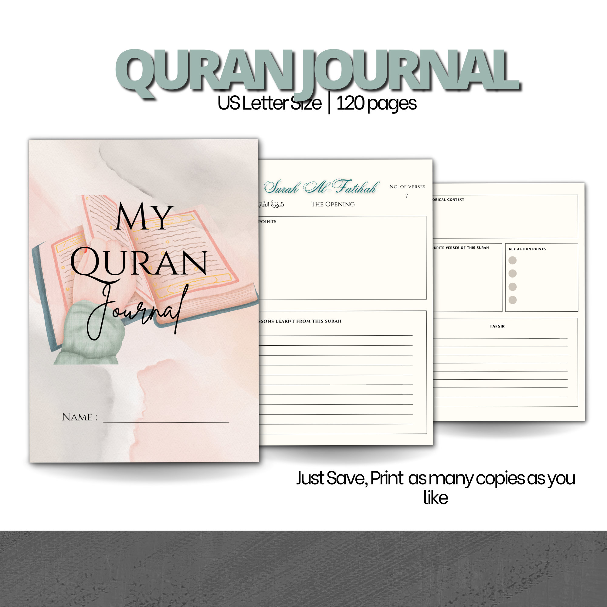 120 Page Quran Journal, Printable Journal,tafsir Planner, Digital Quran ...