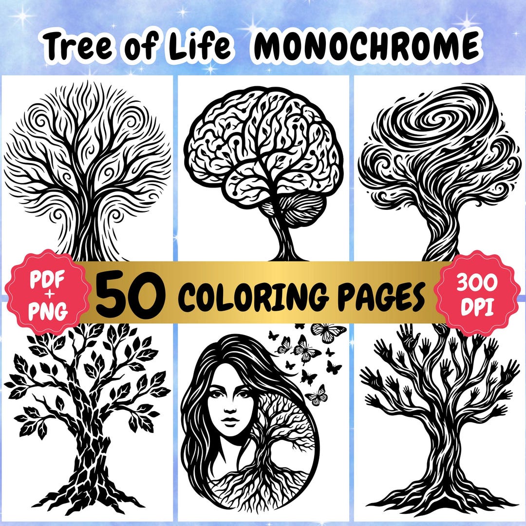 Monochrome Coloring Pages: One Color Tree of Life (PDF, PNG Download ...