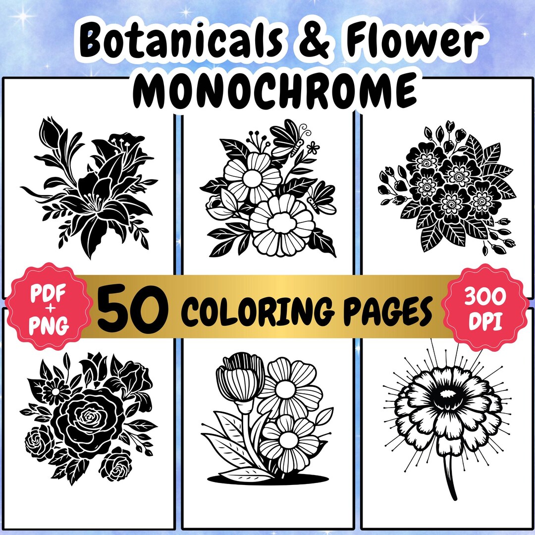 Monochrome Coloring Pages: One Color Botanicals & Flower Relaxation ...