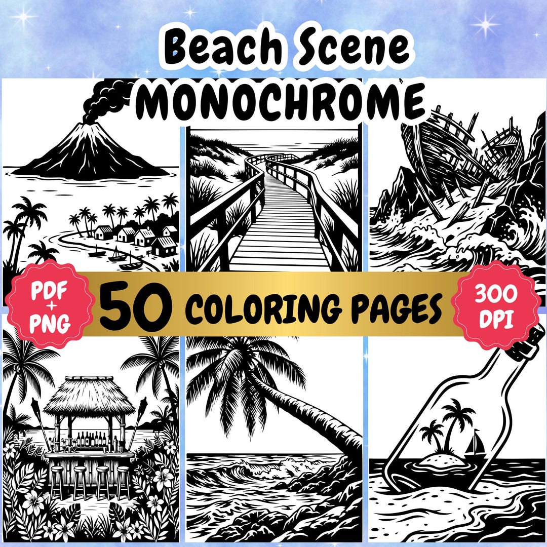 Monochrome Coloring Pages: One Color Beach Scen (PDF, PNG Download) - Etsy