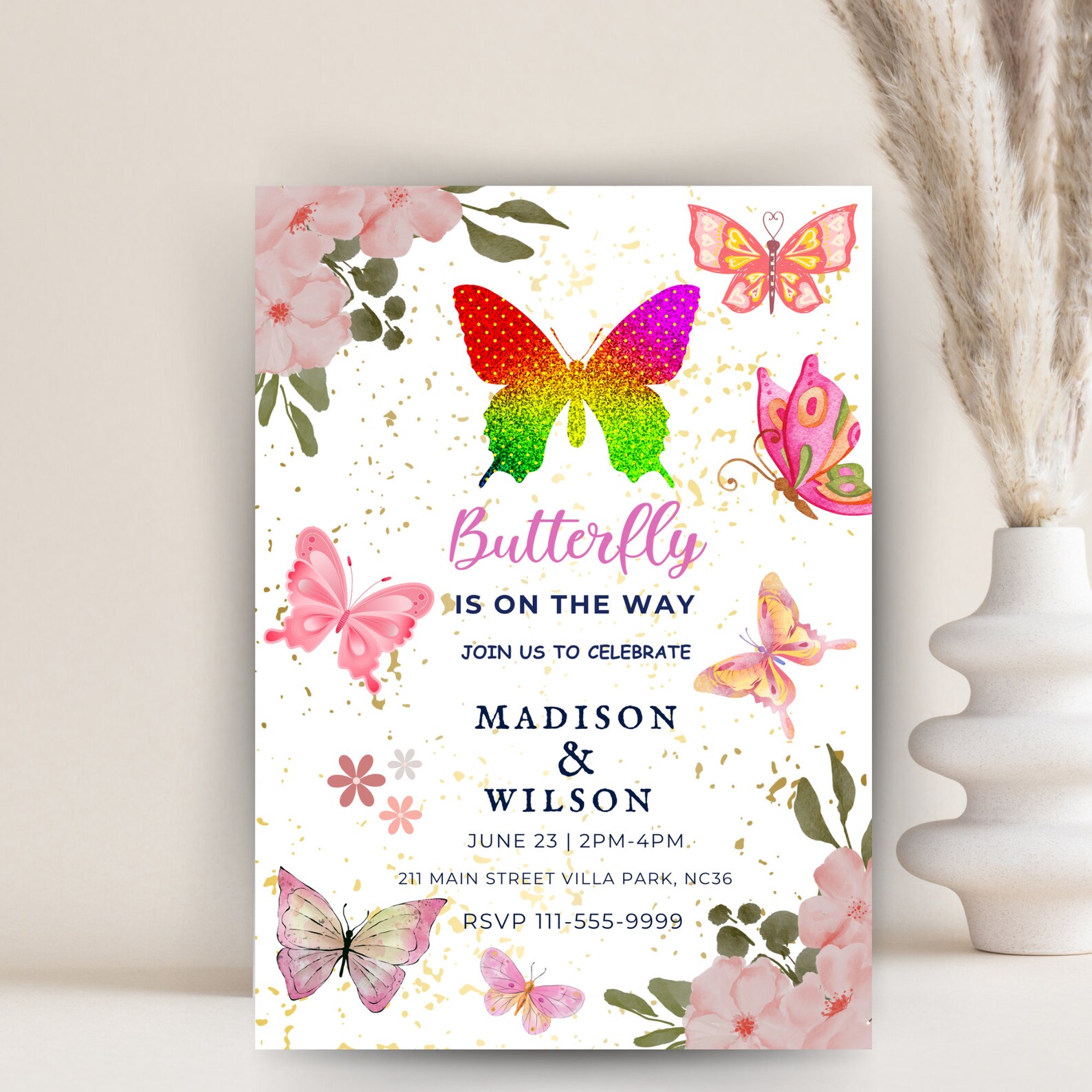 Editable Butterfly Birthday Invitation, 1st Birthday Invite, Floral ...